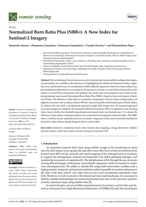 Pdf Normalized Burn Ratio Plus Nbr A New Index For Sentinel 2 Imagery