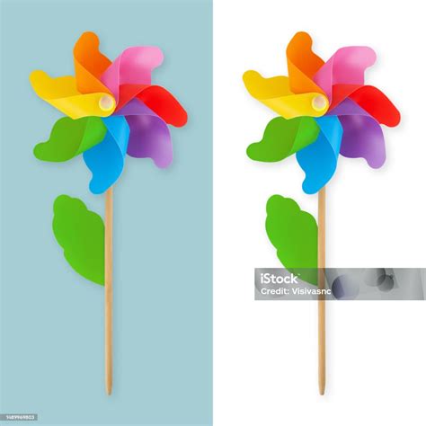 색깔 있는 바람개비 봄과 야외 개념 정원을 장식하고 아이들을 즐겁게 하는 무지개 색상의 재미있는 장난감 흰색과 하늘색 배경에 분리된 평면도 바람개비에 대한 스톡 사진 및