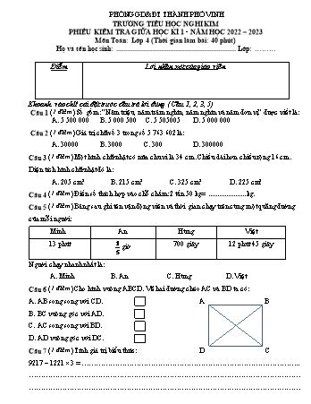 Đề kiểm tra giữa học kì I môn Toán Lớp 4 Năm học 2022 2023 Trường TH Nghi Kim