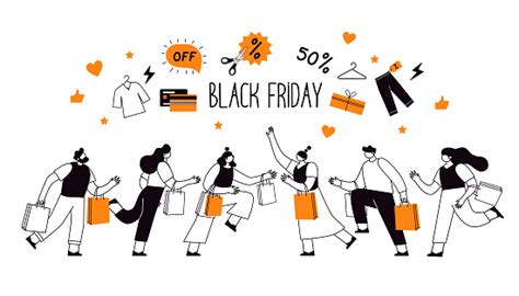 블랙 프라이데이 세일 이벤트 쇼핑백으로 캐릭터 라인 큰 할인 프로모션 개념 광고 포스터 배너 벡터 일러스트레이션 소매 소비자주의에 대한 스톡 벡터 아트 및 기타 이미지