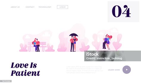 사랑하는 커플 여분 시간 웹 사이트 방문 페이지 사랑에 빠진 젊은이들이 빗속에서 우산 아래를 걷고 벤치 라이딩 스윙 웹 페이지 배너를 껴안으며 함께 시간을 보냅니다 만화