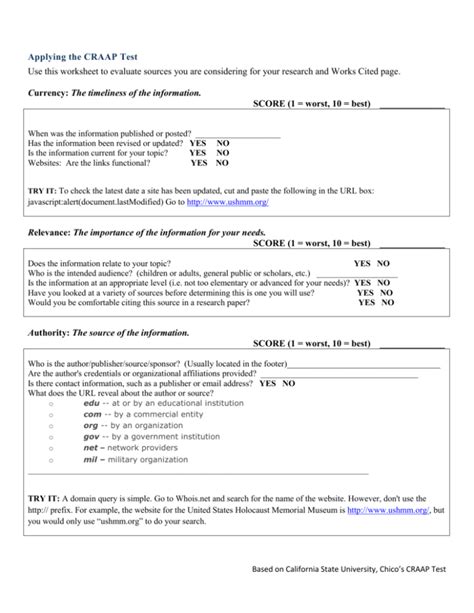 CRAAP Test Worksheet Source Evaluation Guide