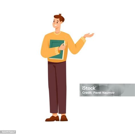 남자 교사 캐릭터는 책에 서서 벡터 일러스트레이션을 설명하고 있다 개인 지도 교사에 대한 스톡 벡터 아트 및 기타 이미지