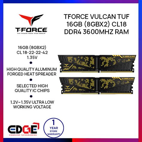 Edge Tforce Vulcan Tuf 16gb 8gbx2 Ddr4 3600mhz Cl18 22 22 42 1 35v