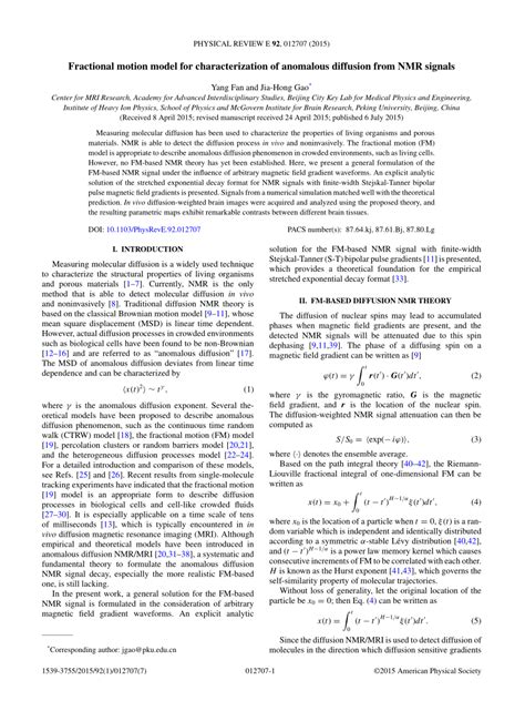Pdf Fractional Motion Model For Characterization Of Anomalous Diffusion From Nmr Signals