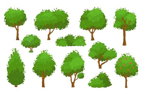 Set Of Cartoon Trees And Bushes
