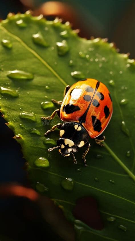 Intricate Scene Ladybug Explores Leaf Edge A Tiny Vibrant Wanderer