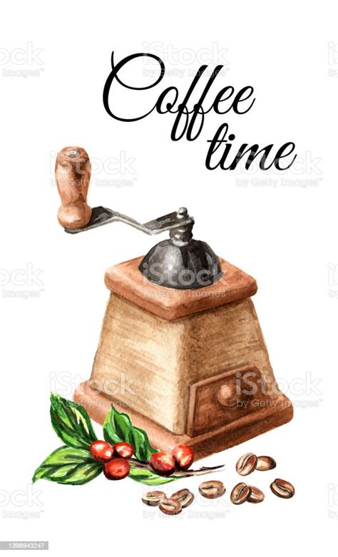 커피 원두가 들어간 클래식 커피 그라인더 흰색 배경에 고립 된 손으로 그린 수채화 그림 수채화에 대한 스톡 벡터 아트 및 기타
