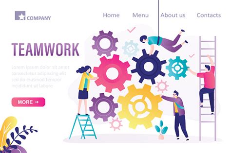 비즈니스 팀워크 랜딩 페이지 템플릿 직원들은 다양한 기어를 잡고 연결합니다 새로운 프로젝트의 개발 협동 건축물에 대한 스톡 벡터 아트 및 기타 이미지 Istock