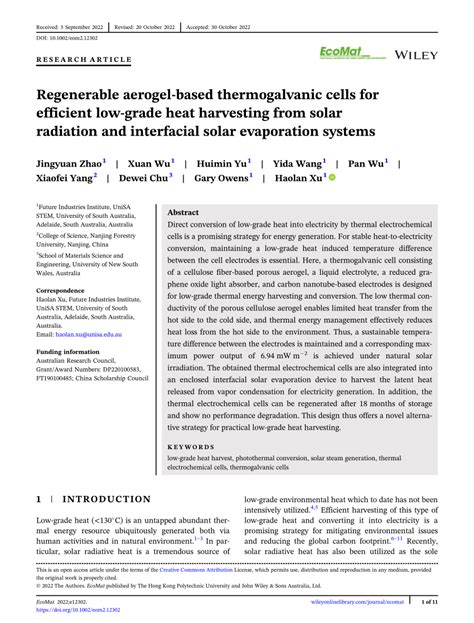 Pdf Regenerable Aerogel‐based Thermogalvanic Cells For Efficient Low‐grade Heat Harvesting