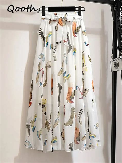 Qooth 봄 여름 여성용 미디 스커트 시폰 꽃 프린트 스커트 하이 웨이스트 캐주얼 보헤미안 비치 패션 캐주얼 스커트 Qt118 Aliexpress