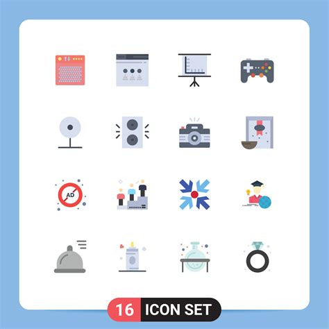 Mobile Interface Flat Color Set Of 16 Pictograms Of Cctv Joystick Website Game Controller