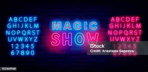 매직 쇼 네온 라벨 손으로 쓴 텍스트입니다 반짝이는 파란색과 분홍색 알파벳 반짝이는 문구 벡터 스톡 일러스트레이션