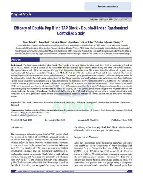 Pdf Eﬃcacy Of Double Pop Blind Tap Block Double Blinded Randomized