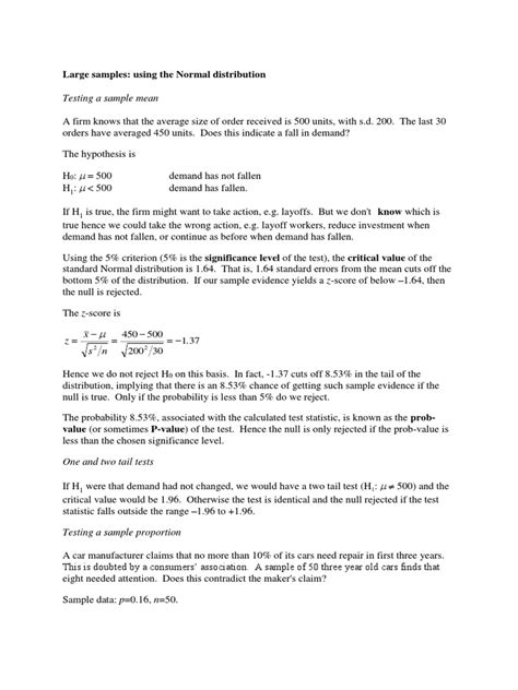 Testing A Sample Mean Large Samples Using The Normal Distribution Download Free Pdf