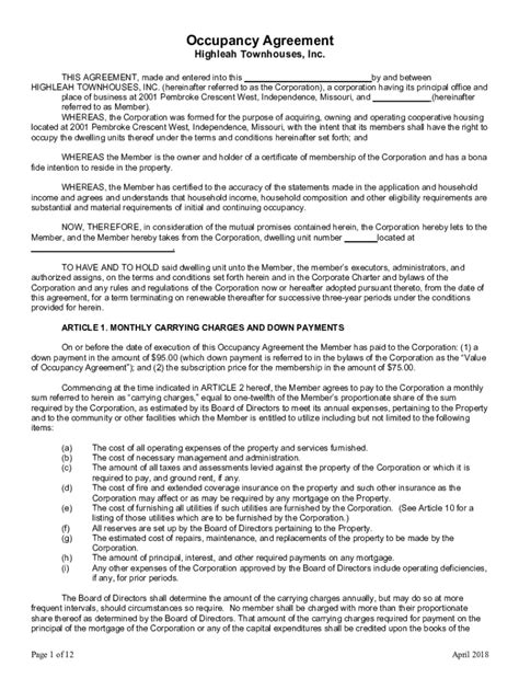 Fillable Online Occupancy Agreement For Highleah Townhouses Inc Fax