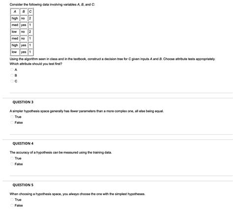 Consider The Following Data Involving Variables A B And C A B C High No 2 Med Yes 1 Low No 2