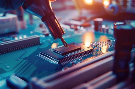 Closeup Of A Precision Soldering Iron Working On A Circuit Board With Glowing Components