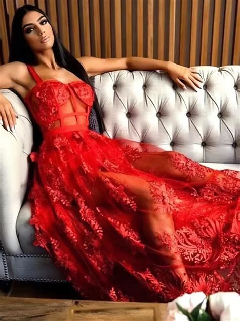 See Through A Line Red Lace Long Prom Dress Flora Dress