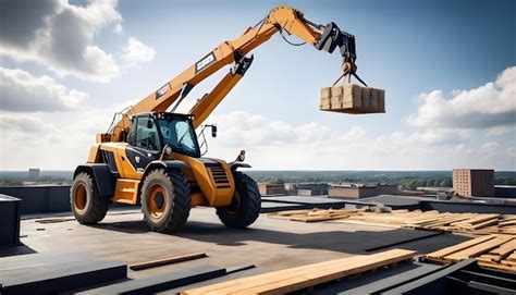 Premium Photo A Telehandler Lifting Heavy Materials Onto A Rooftop For Construction Work