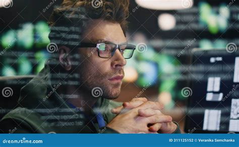 Inspired Software Developer Working Computer In Room Data Reflection