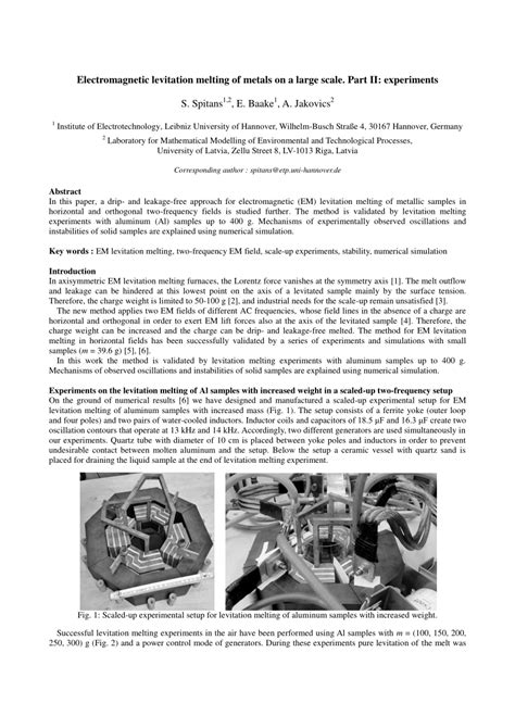 Pdf Electromagnetic Levitation Melting Of Metals On A Large Scale Part Ii Experiments
