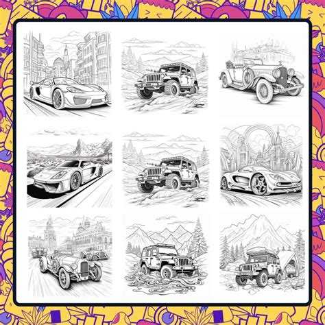 Car Themed Coloring Pages Adult Coloring Book Digital Etsy