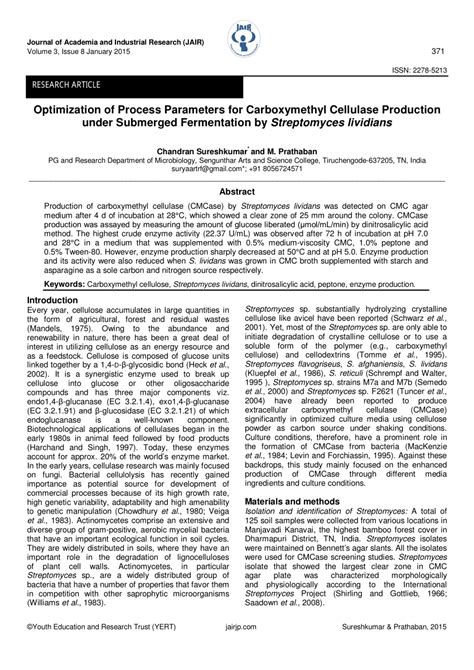 Pdf Optimization Of Process Parameters For Carboxymethyl Cellulase Production Under Submerged