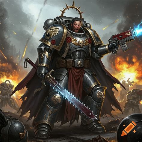 Warhammer 40k Space Marine In Power Armor With Glowing Sword And Gun In