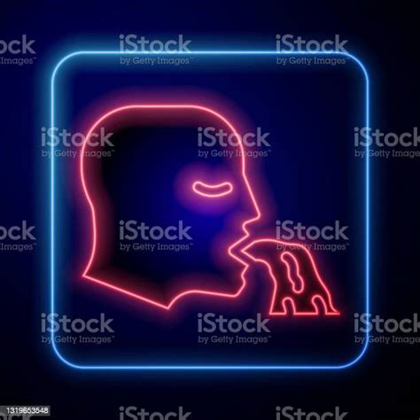 푸른 배경에 고립 된 빛나는 네온 구토 남자 아이콘 질병의 증상 건강에 문제가 있습니다 메스꺼움 식중독 알코올 중독 개념 벡터