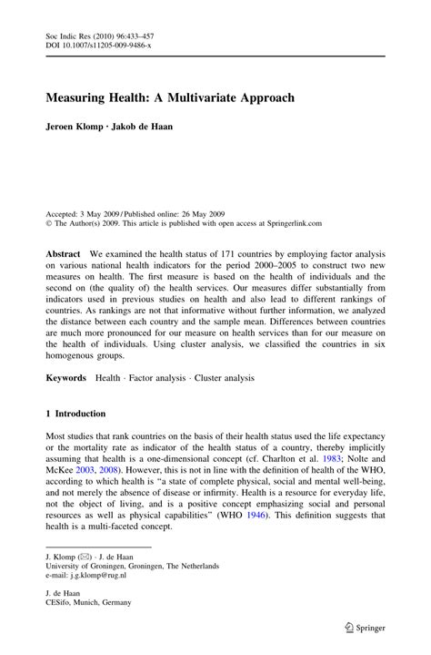Pdf Measuring Health A Multivariate Approach