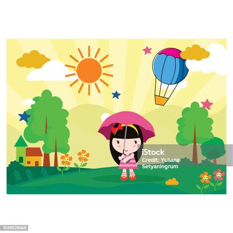 달콤한 작은 소녀 오후 만화 캐릭터에에서 행복 하 고 밝고 입고 우산 초원 주위를 보이는합니다 귀여운에 대한 스톡 벡터 아트 및 기타 이미지 Istock