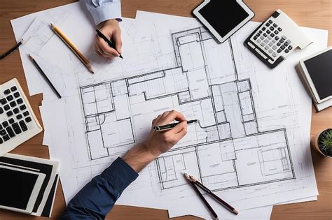 Premium Photo Top View Of Architect Drawing On Architectural Project