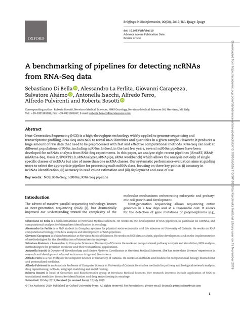 PDF A Benchmarking Of Pipelines For Detecting NcRNAs From RNA Seq Data