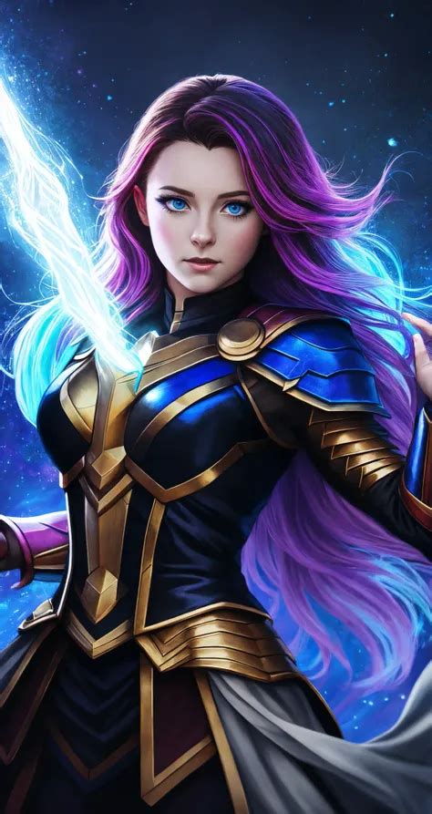 A Woman With Purple Hair And A Blue And Purple Outfit Holding A Sword