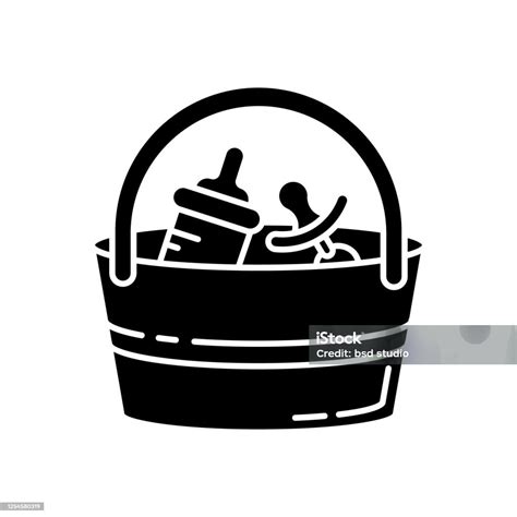 베이비 시터는 검은 색 글리프 아이콘을 설정합니다 아기 젖꼭지 유아에게 먹이를 주기 위한 병 보육용 아이템이 담긴 가방 육아 키트 공백에 실루엣 기호 벡터 격리 된 그림 0