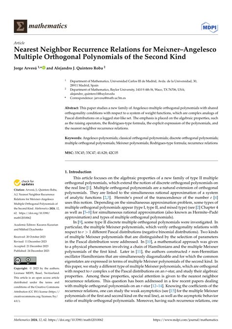 Pdf Nearest Neighbor Recurrence Relations For Meixner Angelesco Multiple Orthogonal