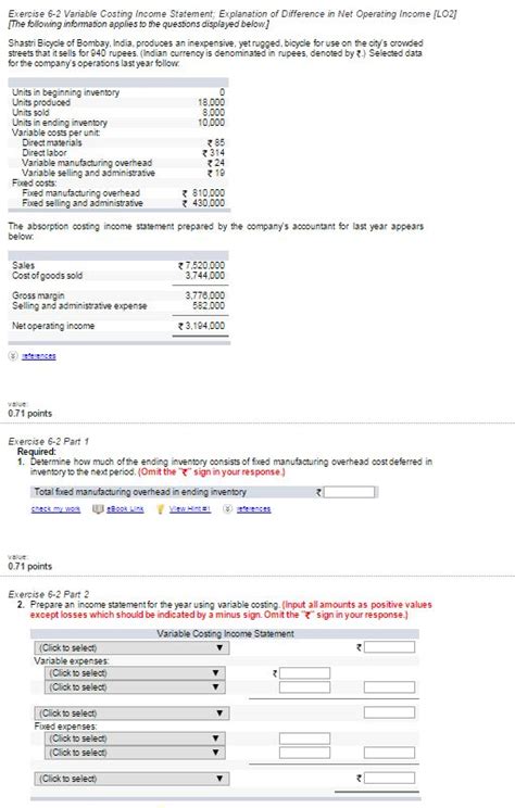 Solved Exercise Variable Costing Income Statement Chegg Com