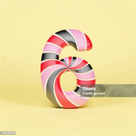 알파벳 숫자 6입니다 분홍색 빨간색과 검은색 줄무늬 사탕 크리스마스 글꼴에 의하여 이루어져 있다 노란색 배경 3d 렌더링 0명에