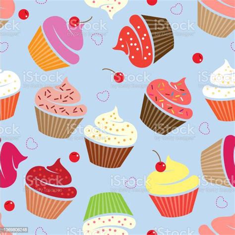 컵케이크가 있는 매끄러운 패턴 하트와 체리와 다른 케이크 귀여운에 대한 스톡 벡터 아트 및 기타 이미지 귀여운 달콤한 음식