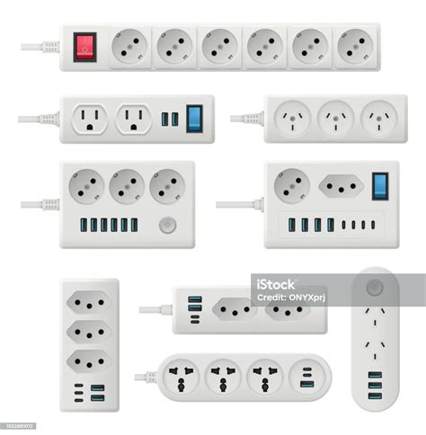 전기 소켓 전기 플러그가 있는 연장 코드 괜찮은 벡터 사실적인 사진 세트 전기 플러그에 대한 스톡 벡터 아트 및 기타 이미지