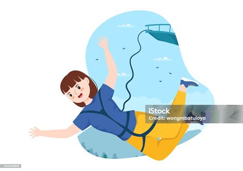 평평한 만화 익스트림 스포츠 벡터 템플릿의 높이에서 점프하는 탄성 밧줄을 착용한 사람이 떨어지는 번지 점프 그림 교량에 대한 스톡 벡터 아트 및 기타 이미지 Istock