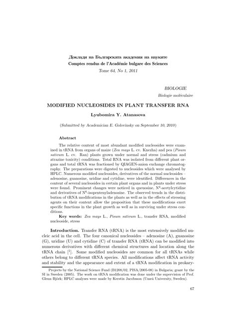Pdf Modified Nucleosides In Plant Transfer Rna