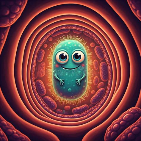 Cute Cartoon Microbe In Vibrant Cellular Environment With Smiling Face