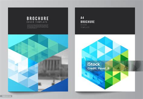A4 형식 현대 표지 샘플의 벡터 레이아웃 안내 책자 잡지 전단지 책자 연례 보고서에 대 한 서식 파일을 디자인 합니다 파란색 삼각형 화려한 모자이크 패턴 다각형 배경 A4
