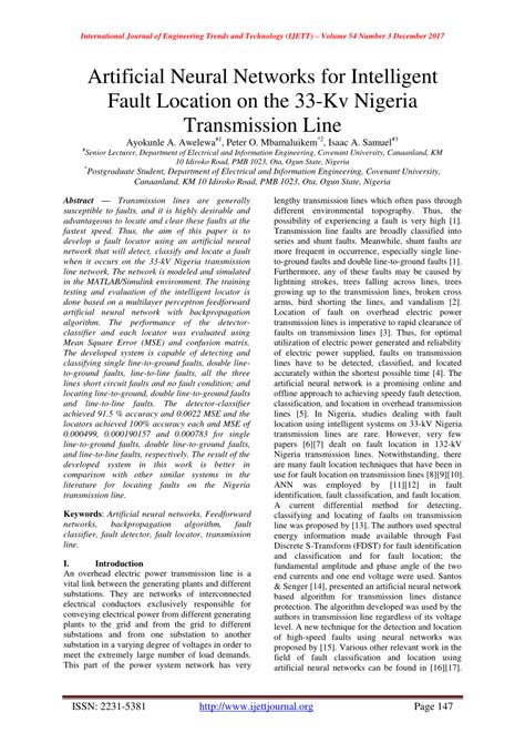 Pdf Artificial Neural Networks For Intelligent Fault Location On The 33 Kv Nigeria