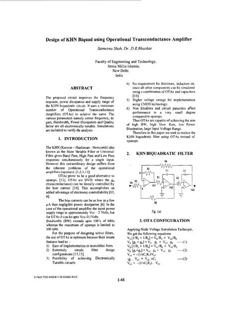 Khn Biquad Using Ota Pdf Electrical Network Electronic Filter