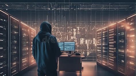 Dagerous Hacker Stealing Data Inside A Server Room Stock Illustration Illustration Of