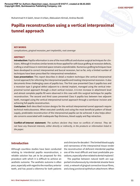 (PDF) Papilla reconstruction using a vertical interproximal tunnel approach