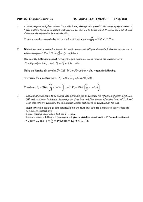 tut test 4 memo answers to tutorial test for optics phy 263